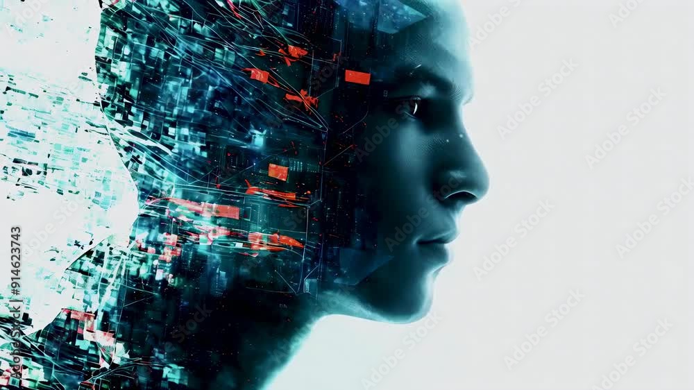 A futuristic digital human head, side profile, with overlaid data ...