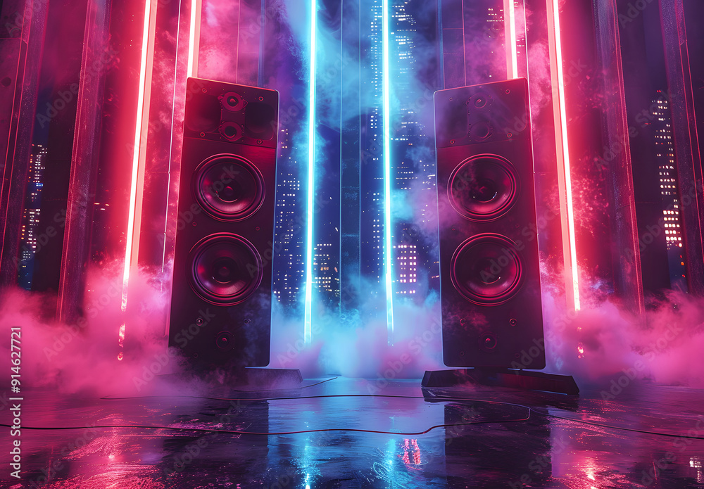 Neon nights. Retro vibes in musical entertainment speaker system ...