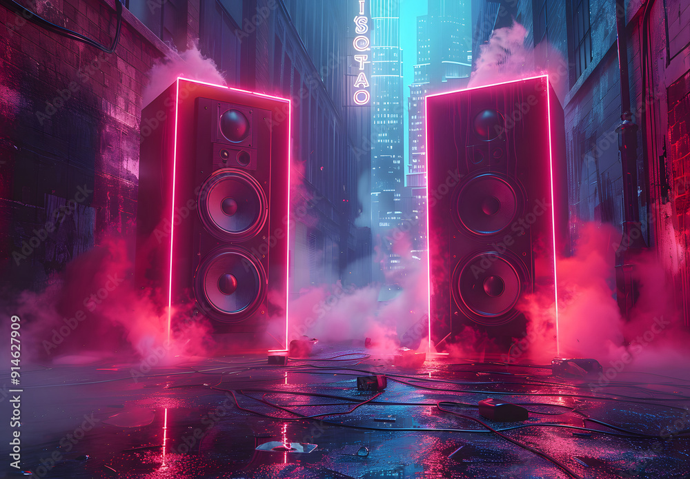 Neon nights. Retro vibes in musical entertainment speaker system ...