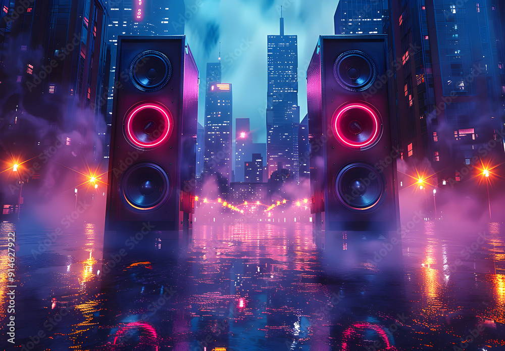 Neon nights. Retro vibes in musical entertainment speaker system ...