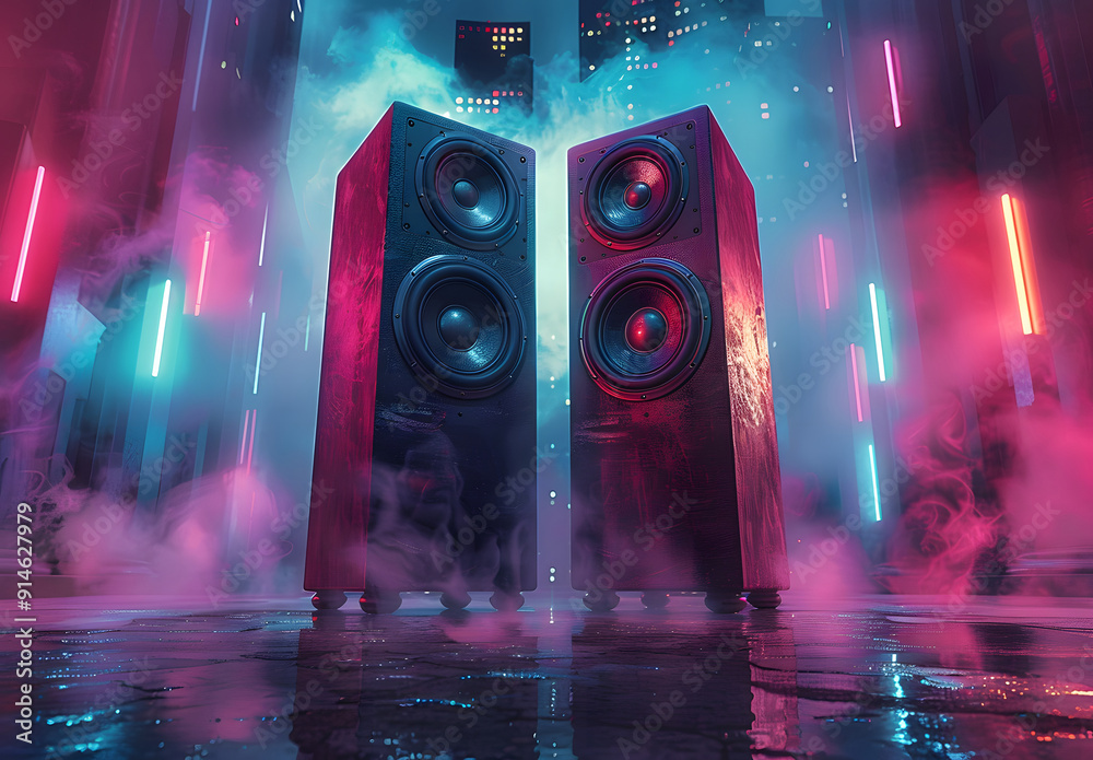 Neon nights. Retro vibes in musical entertainment speaker system ...