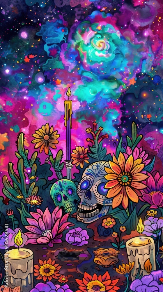 Dia de los Muertos doodle art scene with calaveras, marigold flowers, candles, and traditional ...