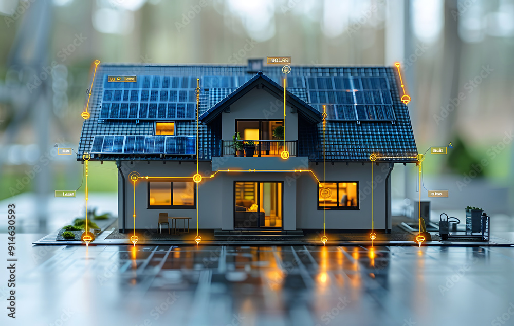 Small house with solar energy installation with names of system ...