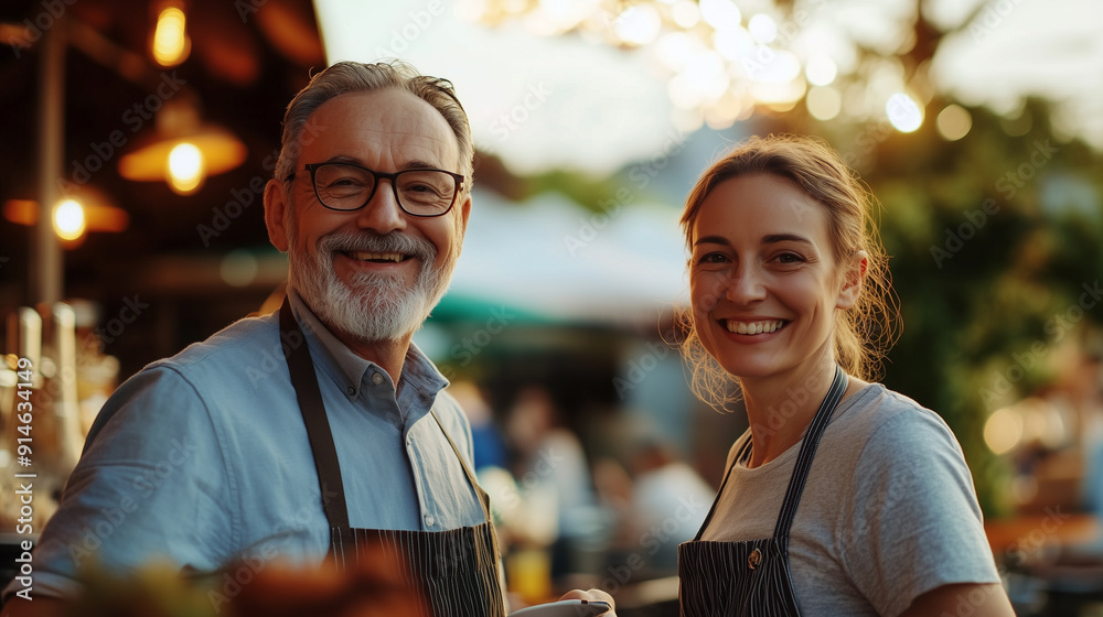 Waiter and a waitress are posing for a portrait, smiling and wearing ...