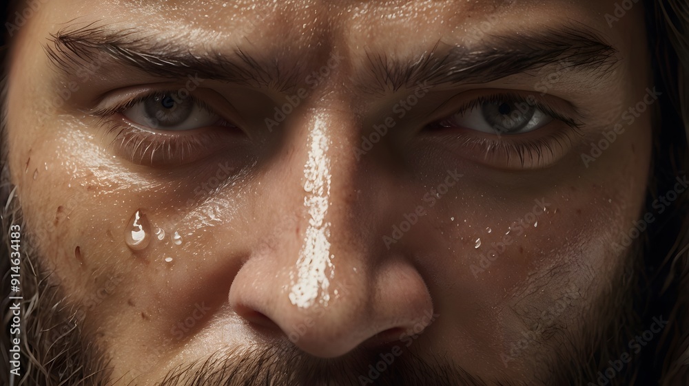 A poignant depiction of Jesus Christ in a moment of sorrow, with tears ...
