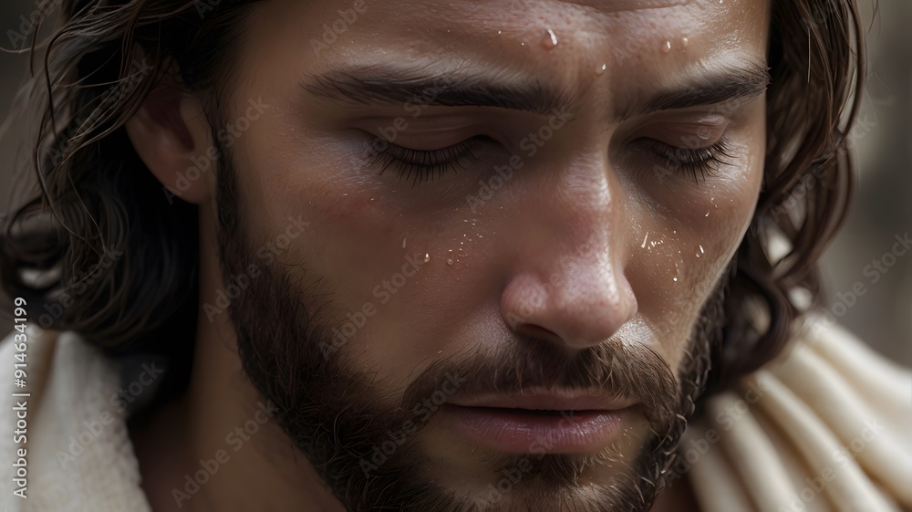 A poignant depiction of Jesus Christ in a moment of sorrow, with tears ...