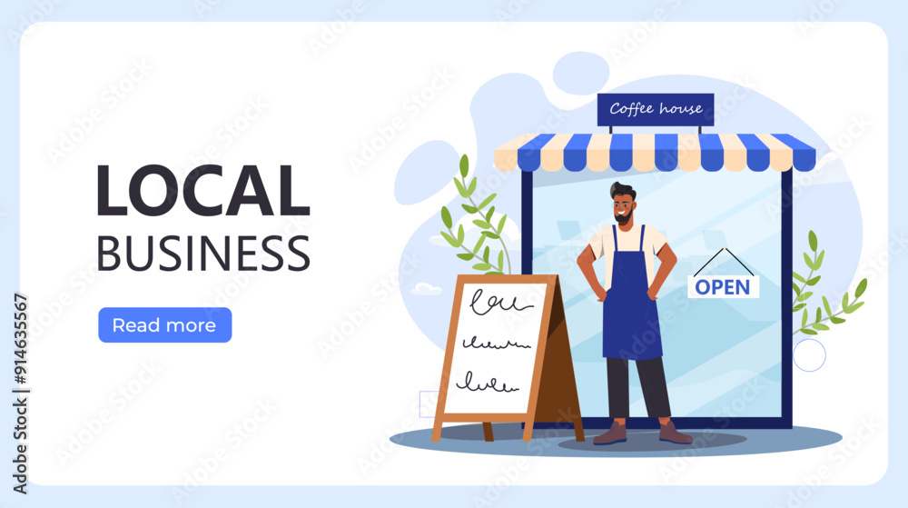 Local business poster. Man standing near window of small business ...