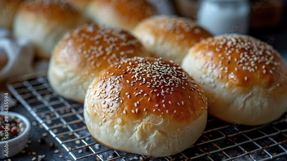 A cluster of buns resting atop a cooling rack beside a container of ...