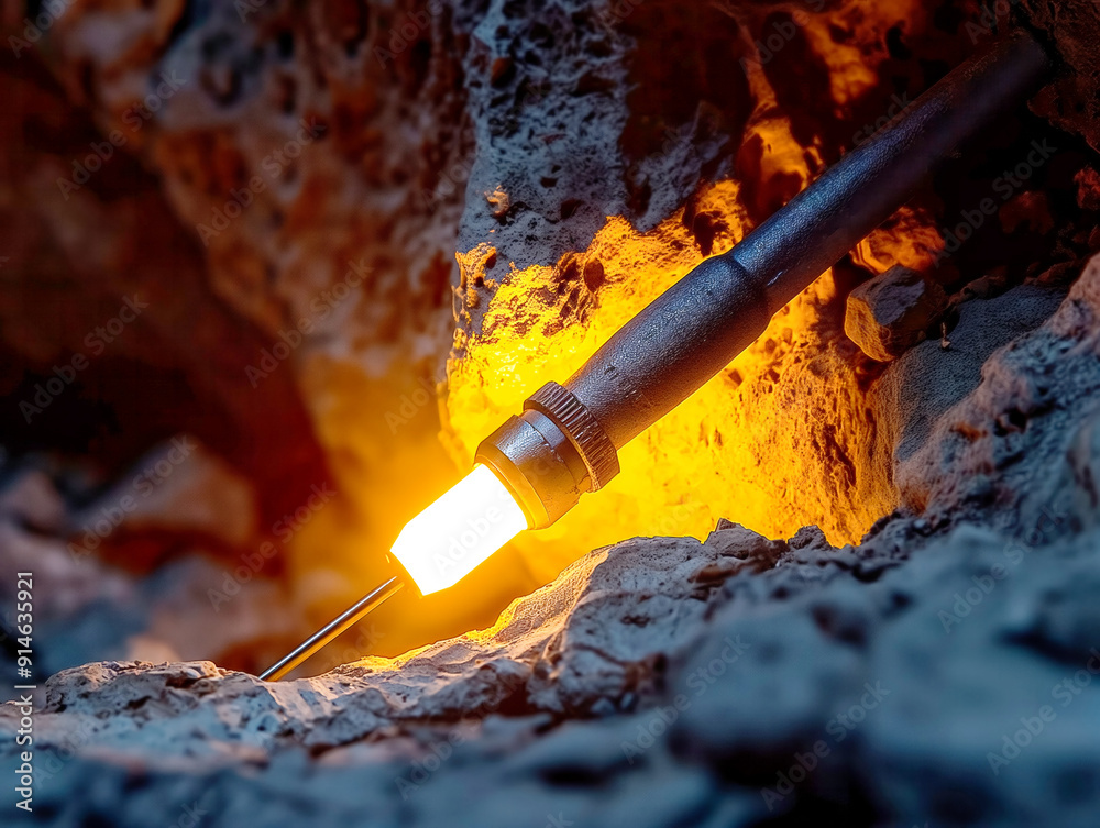 A lighted object is in a cave. The light is yellow and the object is a ...