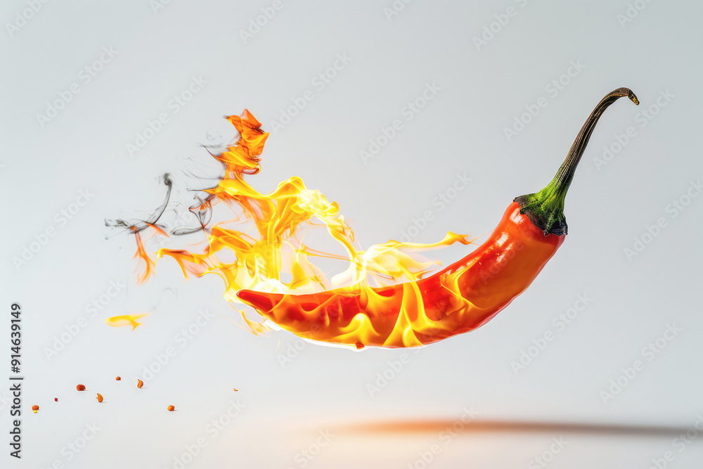 Conceptual image of a hot pepper with flames and a glowing, red hue ...