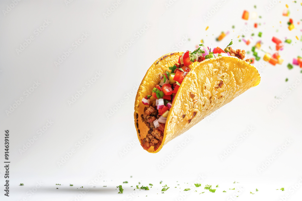 Flying taco with a tortilla shell, filled with cheese, meat, onions ...