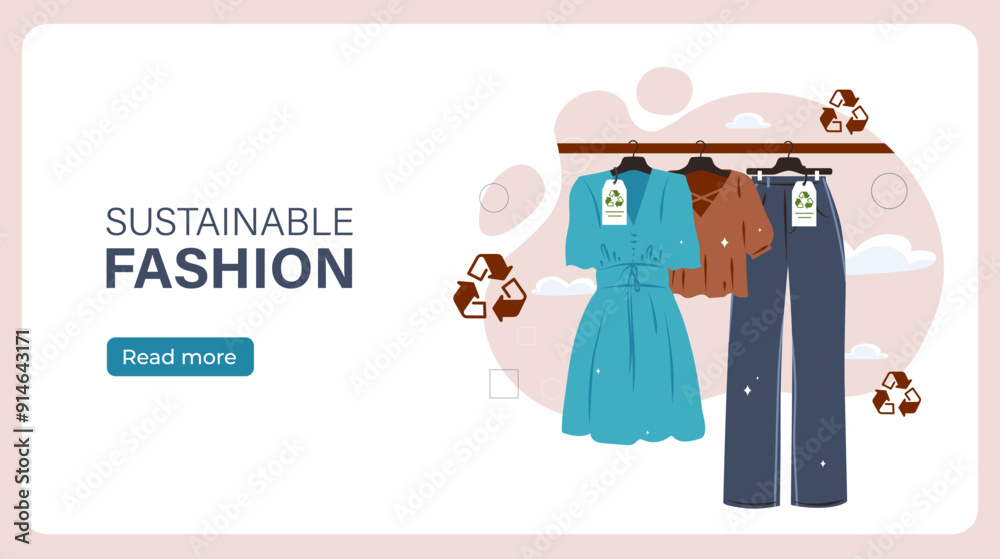 Sustainable fashion poster. Dresses and jeans on hangers. Clothing made ...