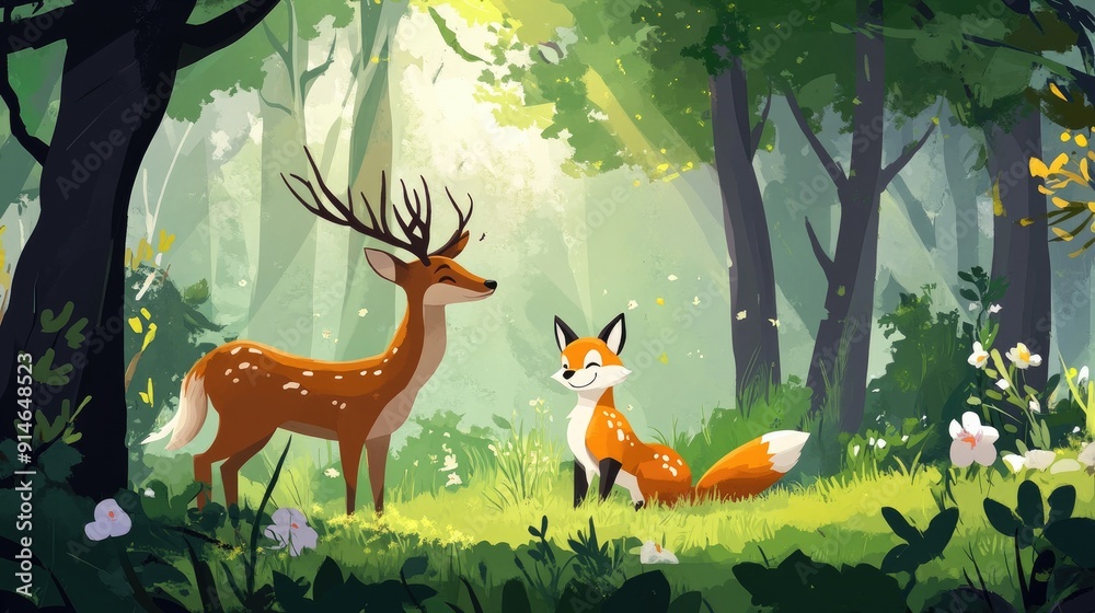 Cartoon deer and fox playing hide and seek in a spring forest Stock ...