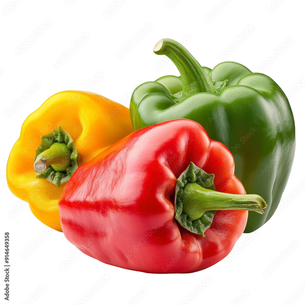 Three peppers are shown in a row, with one being green, one being red ...