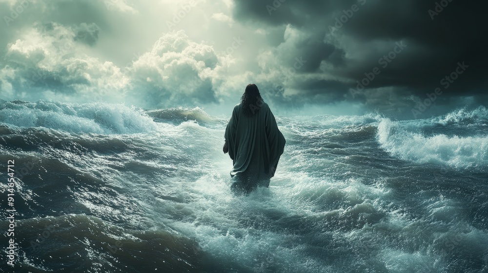 Dramatic Biblical Scene of Jesus Walking on Stormy Sea Amidst Dark ...