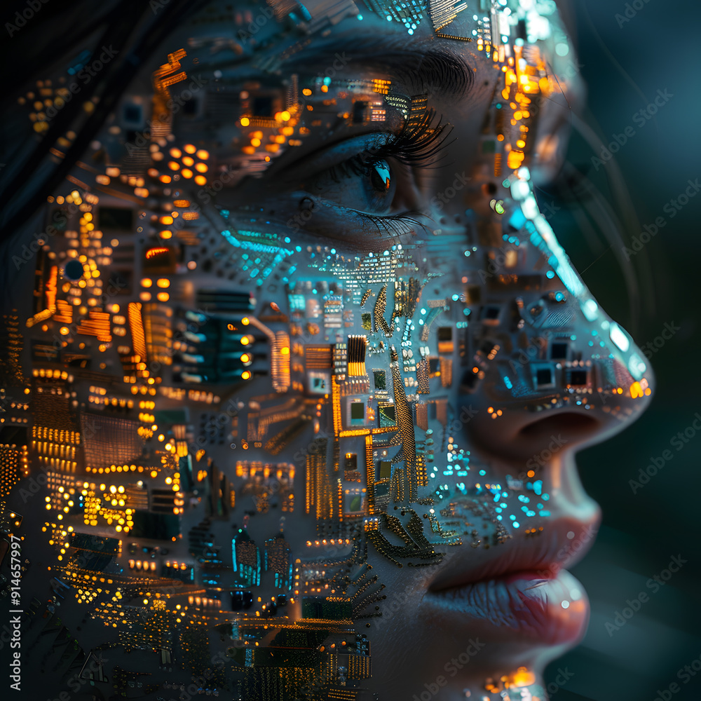 A detailed closeup of a womans head reveals electronic circuits ...