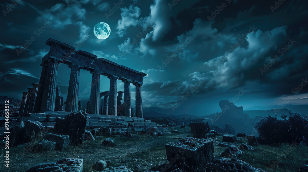 Dramatic view of Ancient temple ruins at night, remains of old Greek ...