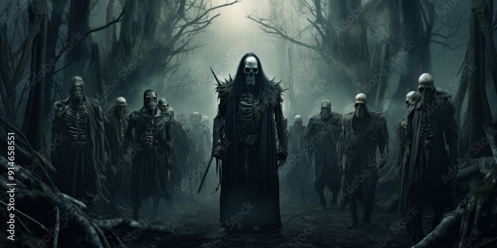 Creepy undead walking in dark forest, scary skeletons in misty woods ...