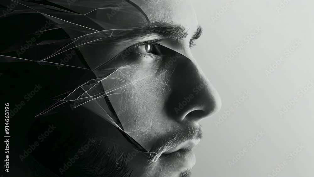 The side profile of a young Caucasian man with a digital geometric ...