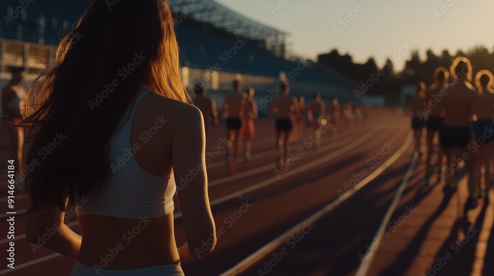 Rear view of a female athlete running on a track at sunset, surrounded ...