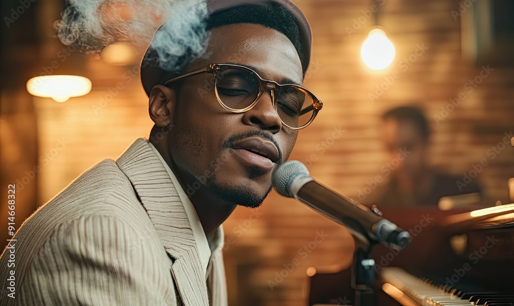 Black Musician Immersed in Jazz Melodies in a Classic Bar Space with ...