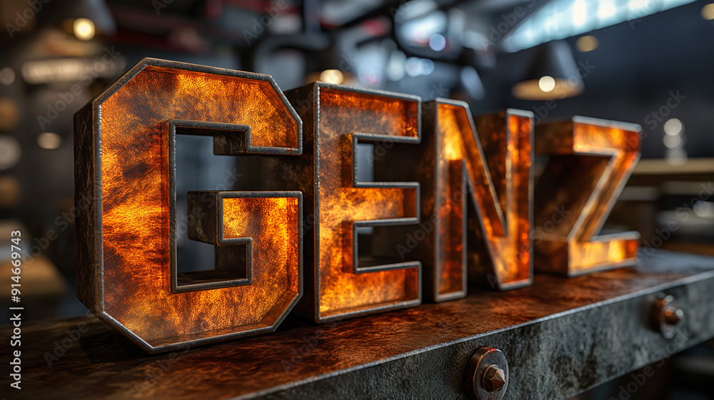 Illuminated metal letters spelling GENZ radiate with a fiery glow in a ...