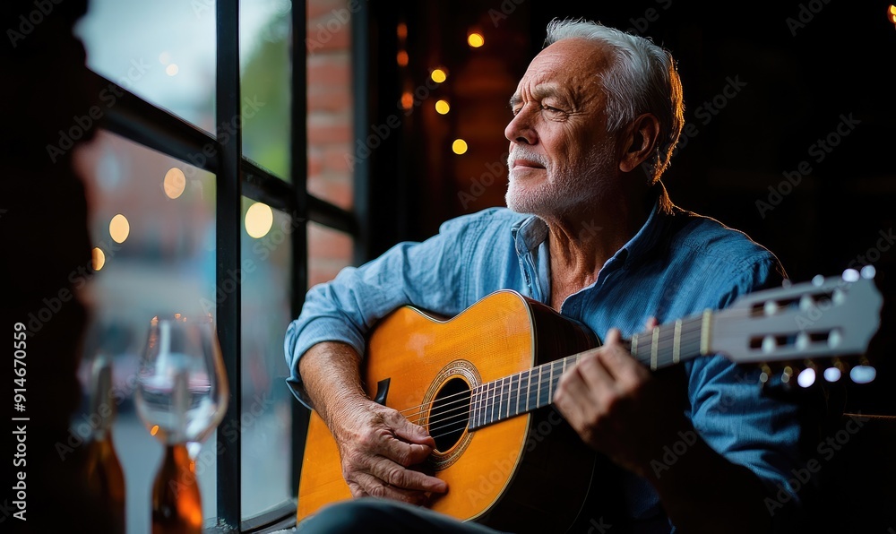 70-Year-Old Man Playing Guitar by the Fire in a Wine Cellar, Nighttime ...