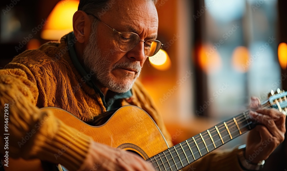 70-Year-Old Man Playing Guitar by the Fire in a Wine Cellar, Nighttime ...