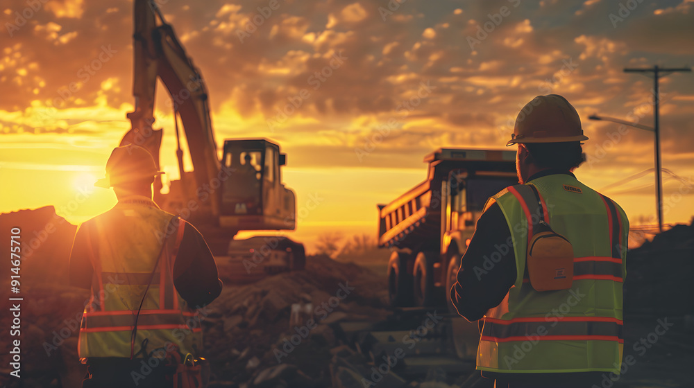 Collaborative Construction at Sunset, two construction workers in vests ...