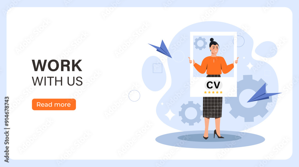 Work with us poster. Woman inside cv picture. Headhunting and ...