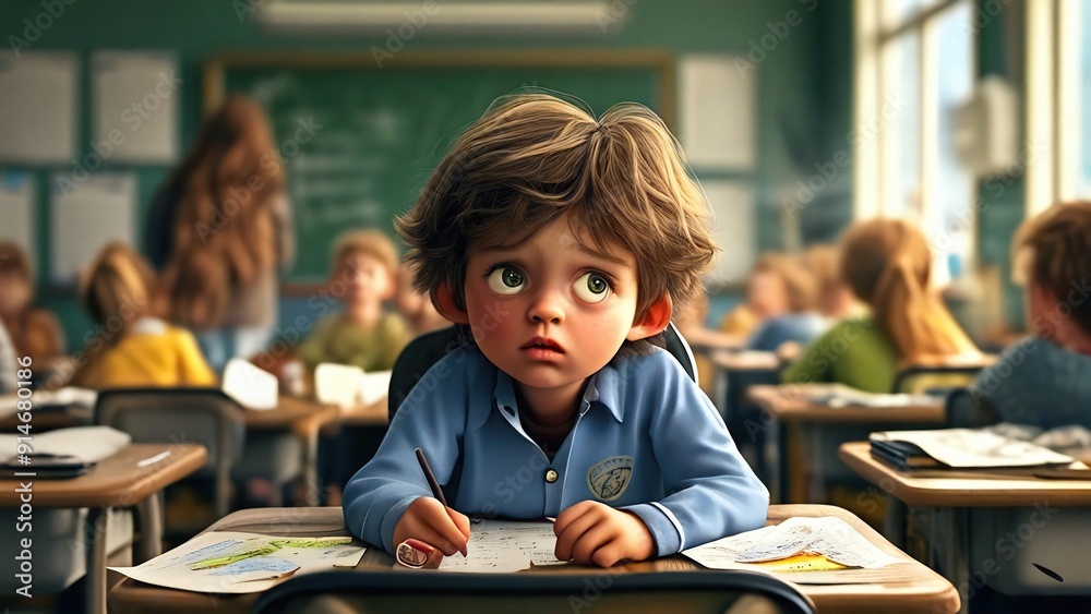 Niño en salón de clases o aula, con problemas de inatención, falla ...
