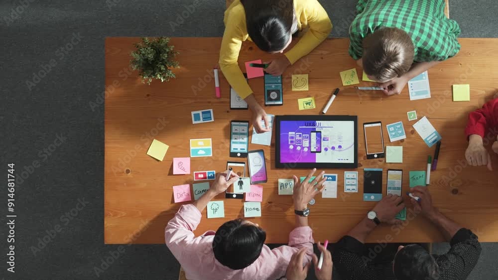 Top view of software developer writing idea about Ux ui design for mobile phone interface ...