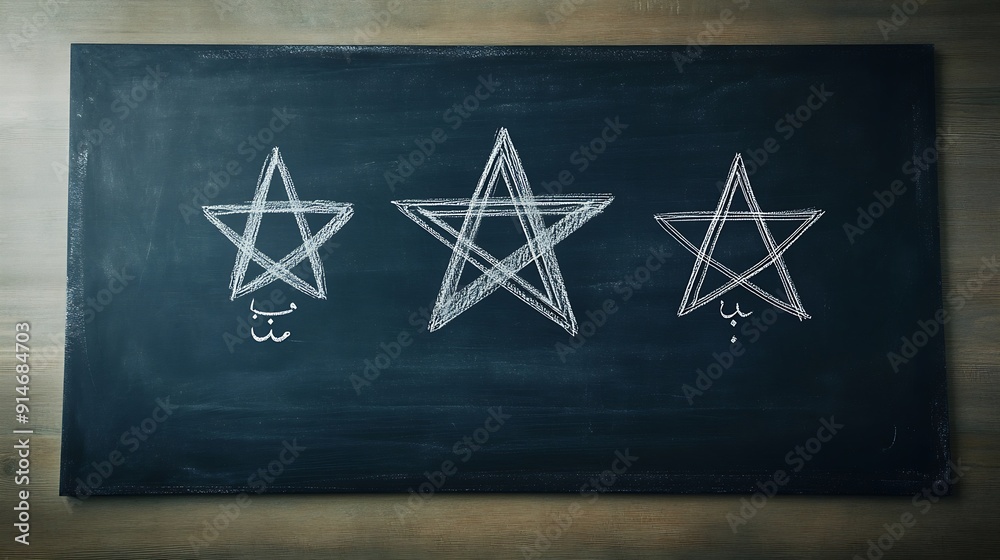 Blackboard with the symbols of the three Abrahamic religions the Jewish ...