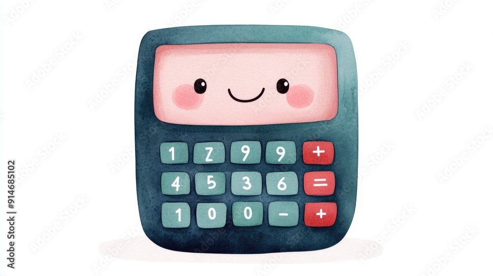 Vibrant watercolor of a cute smiling calculator icon against a white ...