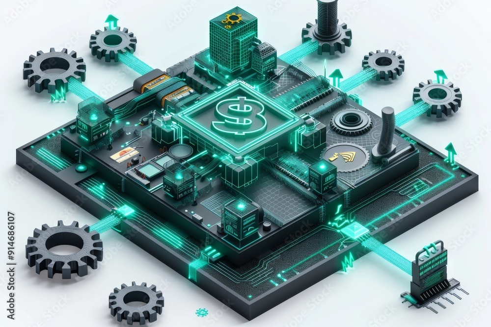 High tech circuit board with interconnected components representing the ...