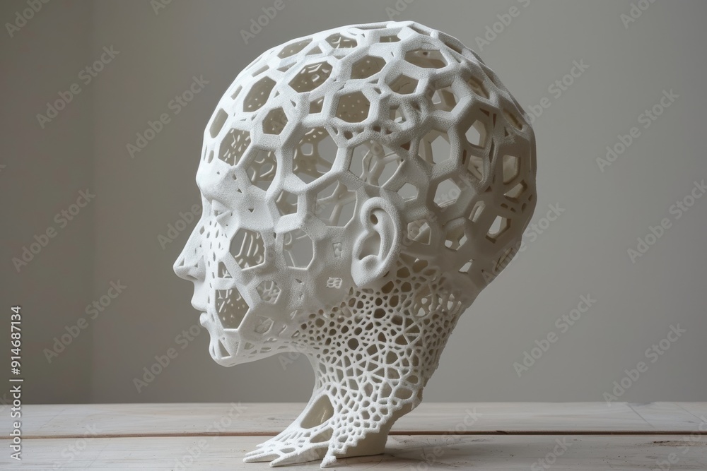 3D printed head sculpture with geometric patterns illustrating the ...