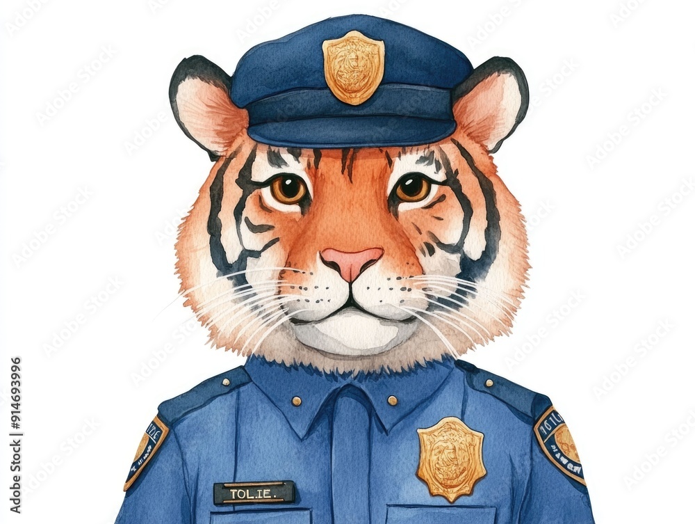 Cute and whimsical watercolor of a tiger animal character dressed as a ...