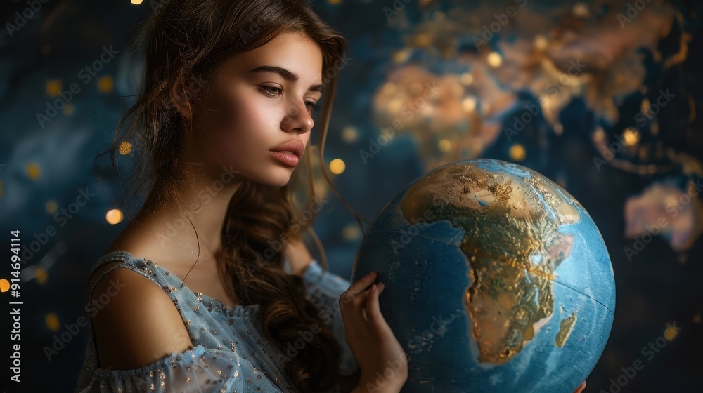 A young woman contemplates the globe, illuminated by soft lights, with ...