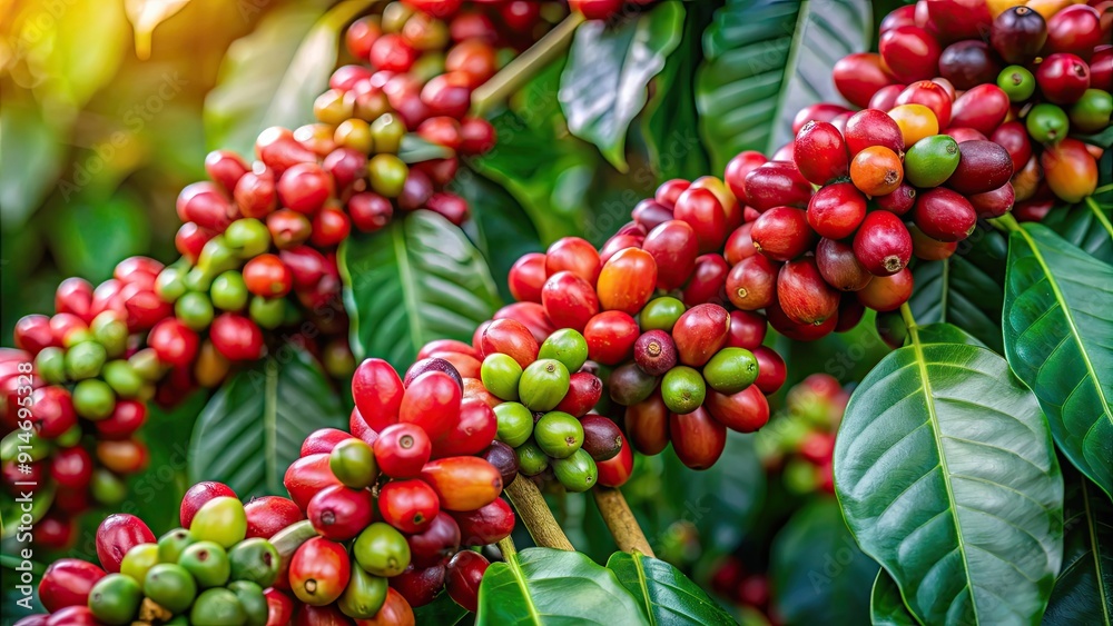 Coffee beans growing on a coffee tree , agriculture, plant, growth ...