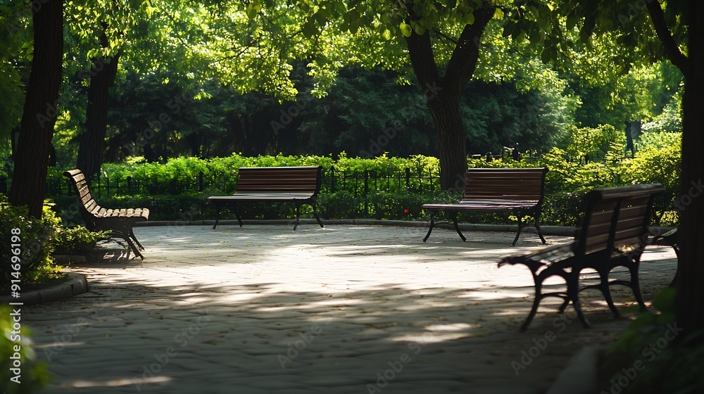 Park scenery with benches in summer 21st century forest and plaza ...