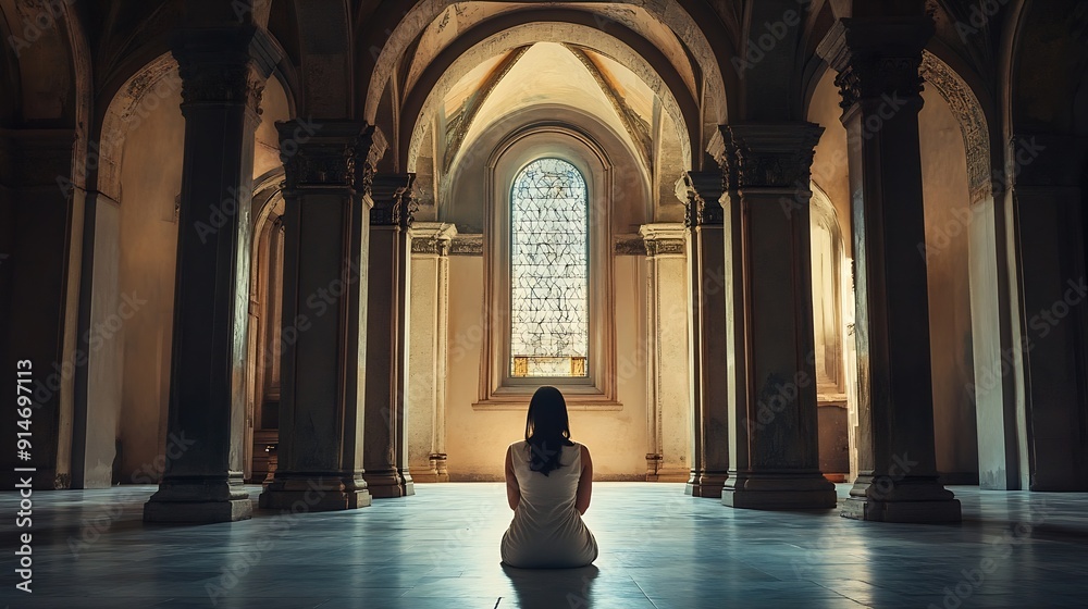 Woman praying on her knees in an ancient Catholic temple to God Hands ...