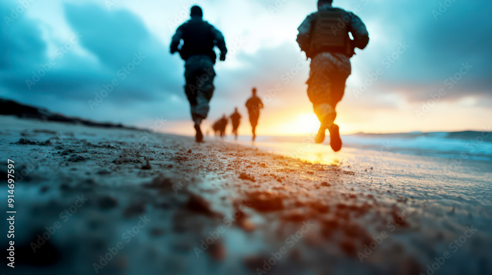 Military personnel run along a beach at sunset, showcasing teamwork and ...