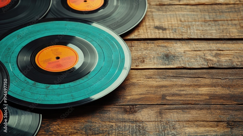 Vintage vinyl records on wood. This photo showcases a collection of old ...