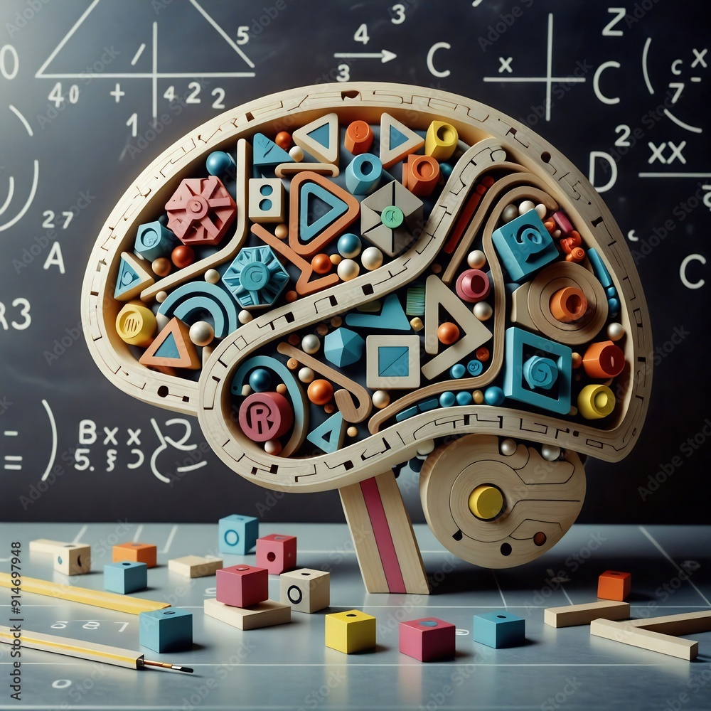 Cerebro de madera con formas geométricas y símbolos matemáticos ...