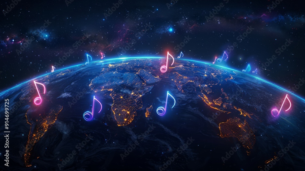 Globe of the Earth with musical multi-colored notes around.View of the ...