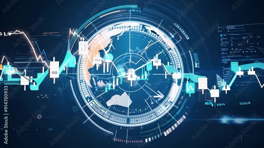 A digital blue background featuring a clock-like design with notes and ...