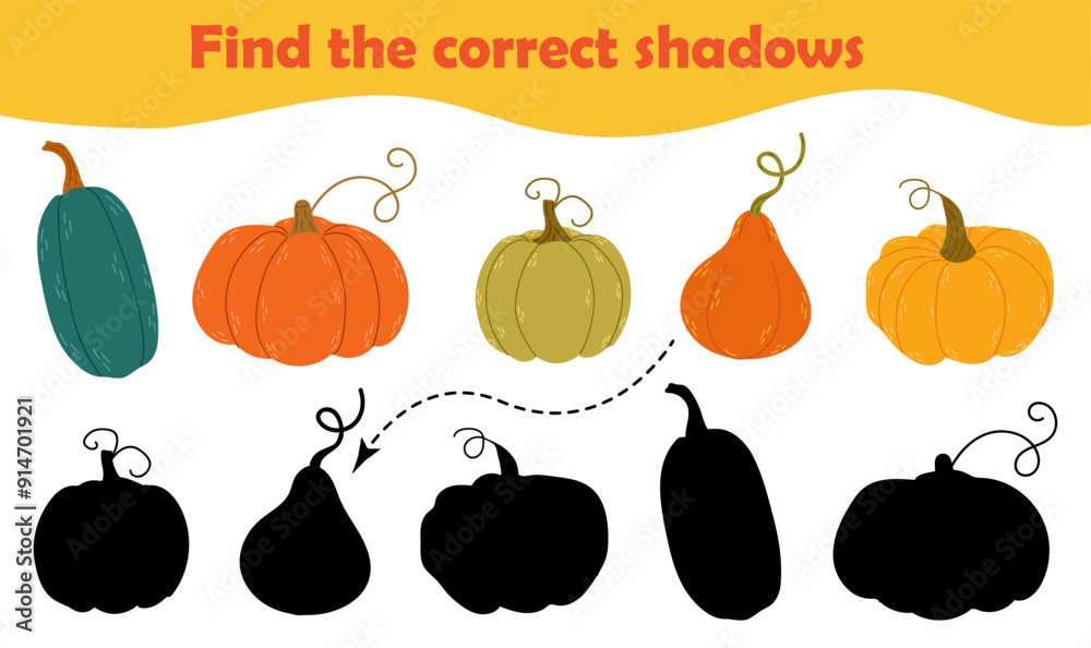 Find the correct shadow. Various pumpkins, game theme autumn. Logic ...