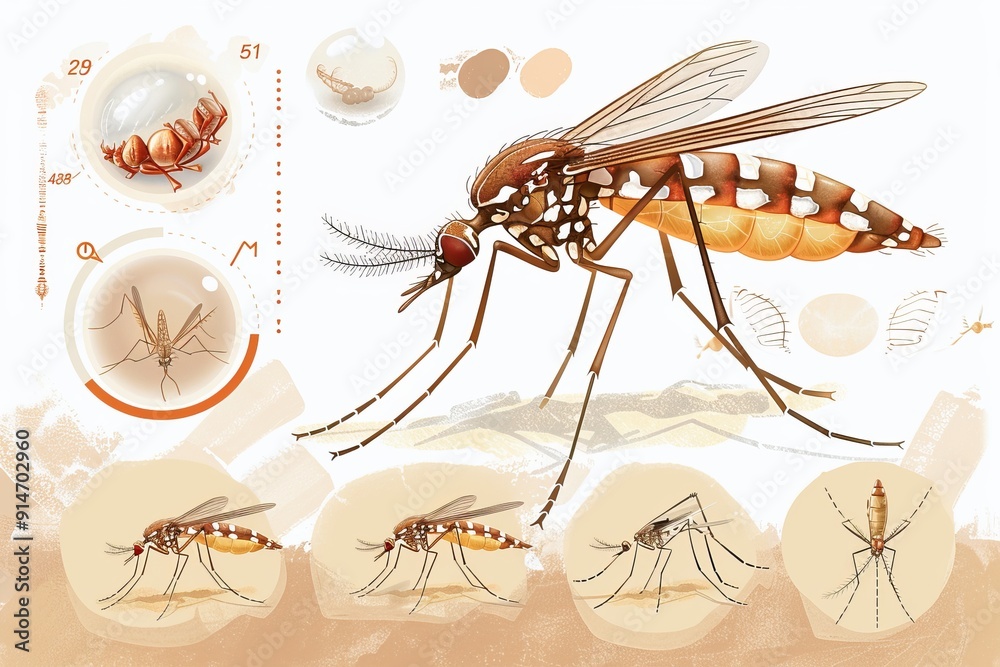 Detailed illustration of the mosquito lifecycle from egg to adult, with ...