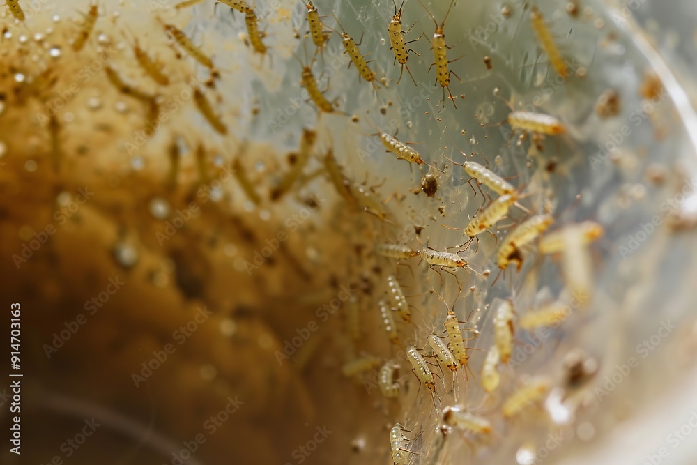 A close-up of mosquito larvae in a container of stagnant water ...