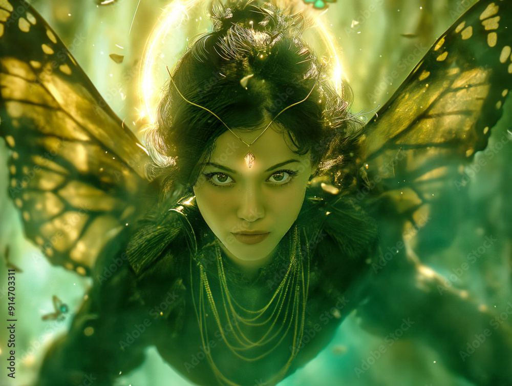 A woman with a butterfly on her head is shown in a greenish-blue color ...
